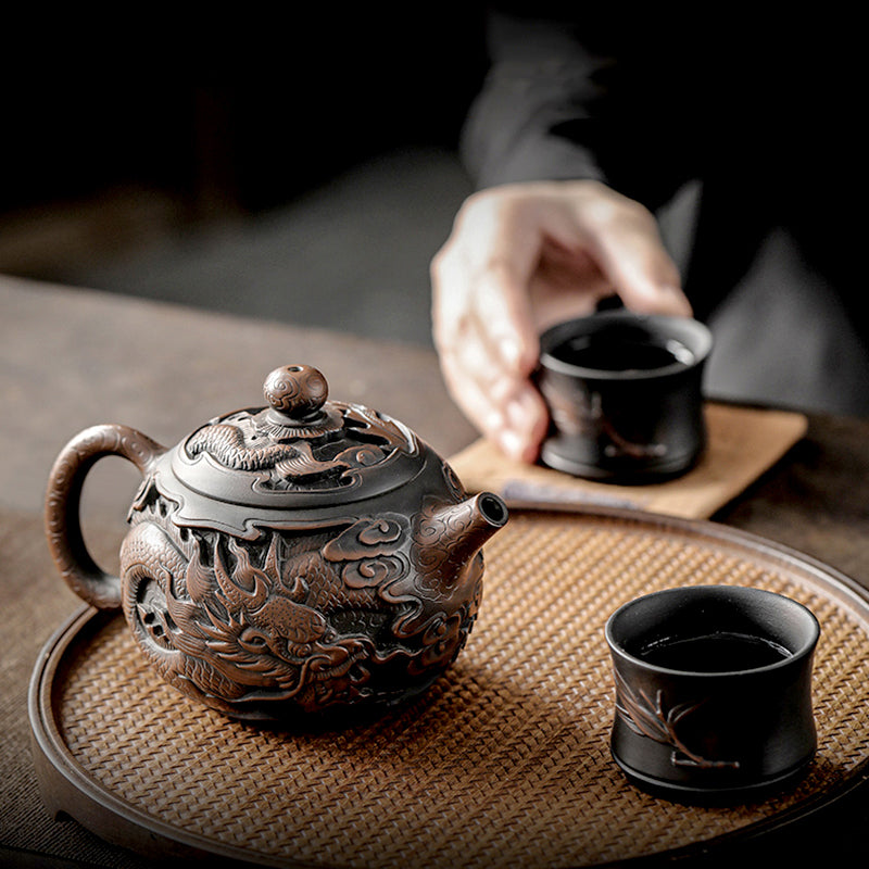 Dragon & phoenix Dancing Purple Pottery Carving Teapot – ClayPurple